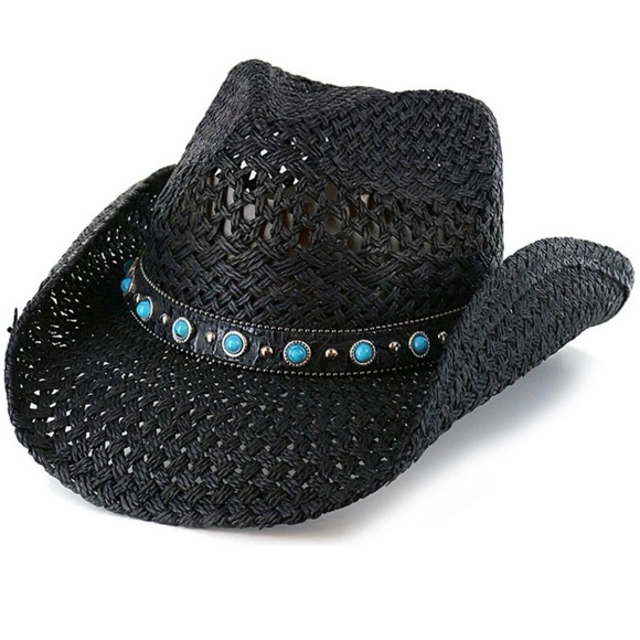 Peter Grimm | Accessories | Peter Grim Cowboycowgirlstraw Hat Black Wturquoise Details | Poshmark